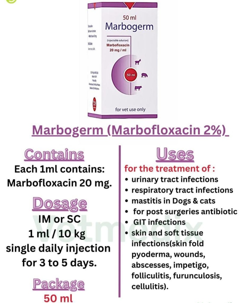 Marbogerm Injectable Solution 50 ml (Marbofloxacin 20mg /ml) | Animal ...